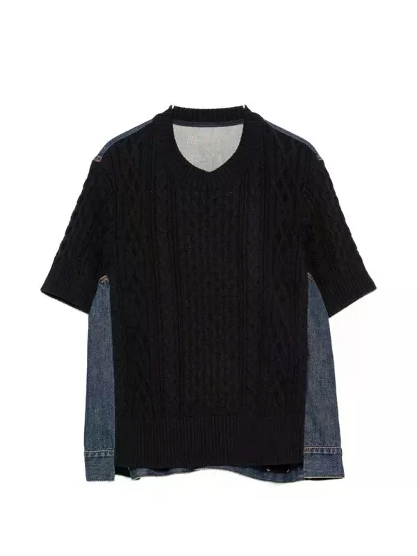 Sacai Cable-knit Denim-panel Sweater - Blue