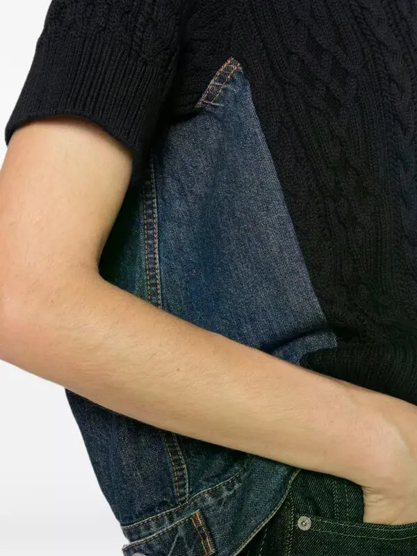 Sacai Cable-knit And Denim Panel Sweater - Blue