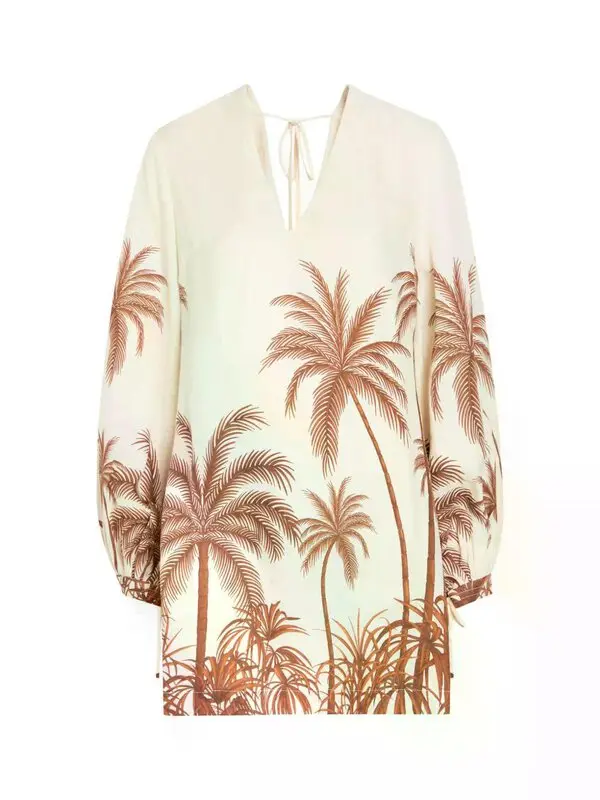 ANDRES OTALORA Palm Tree-print V-neck Mini Dress - Neutrals