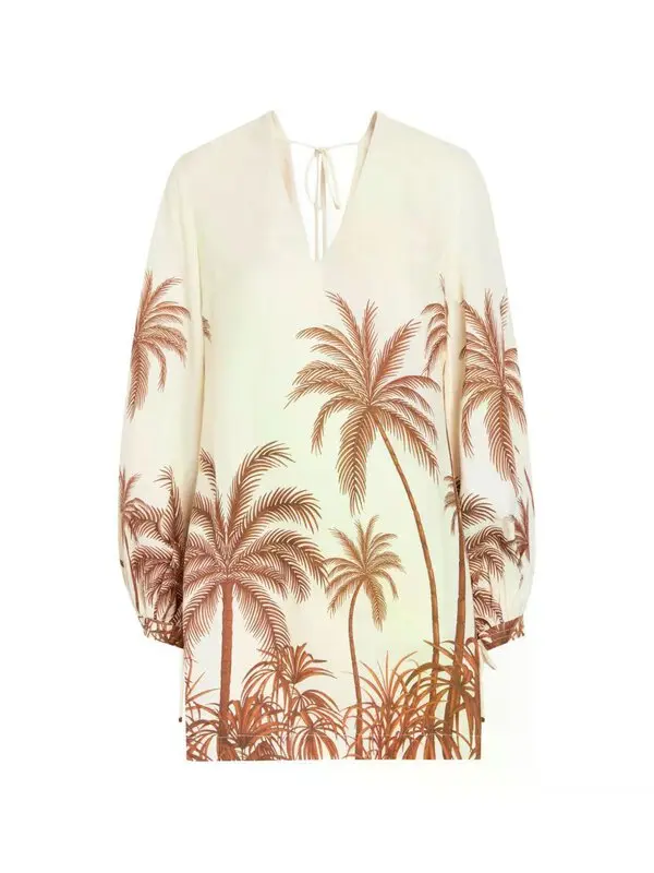ANDRES OTALORA Palm Tree-print V-neck Mini Dress - Neutrals