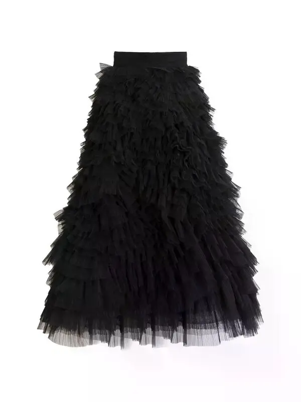 GEMY MAALOUF Ruffled Tulle Midi Skirt - Black