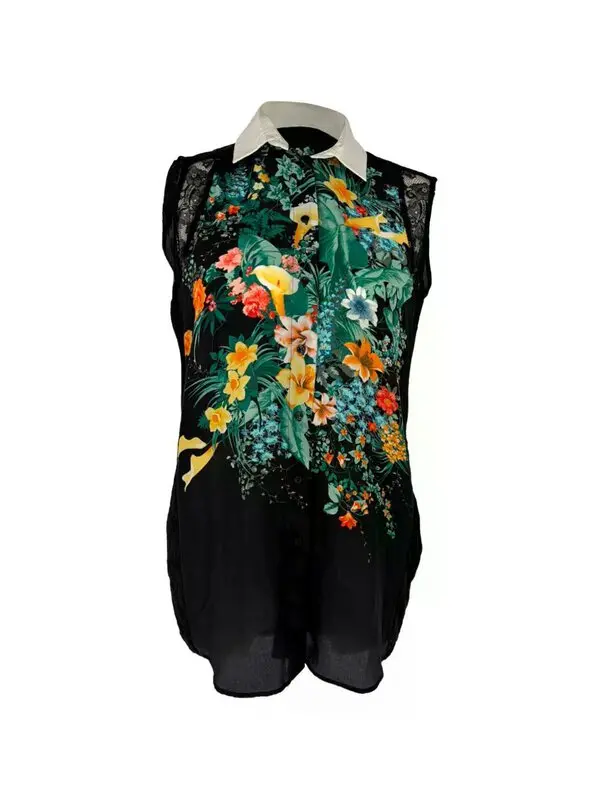 Sandro Floral-print Lace-panel Blouse - Black