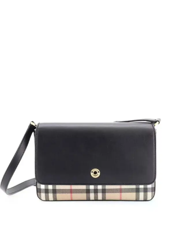 Burberry New Hampshire Shoulder Bag Leather And Vintage Check Coated Canvas Small Crossbody Bag - Black