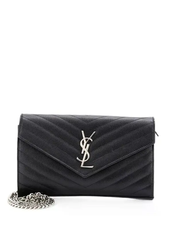 Saint Laurent Classic Monogram Wallet On Chain Matelasse Chevron Leather Medium Crossbody Bag - Black