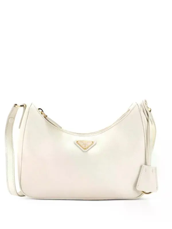 Prada Saffiano Leather Mini Hobo Bag With Adjustable Handle - White