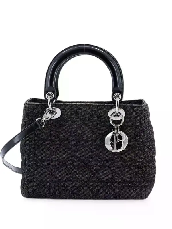 Dior Vintage Lady Bag Cannage Quilt Denim Medium Tote Bag - Black