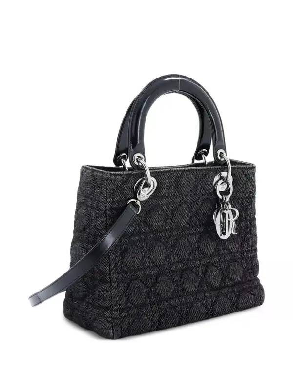 Dior Vintage Lady Bag Cannage Quilt Denim Tote Bag - Black