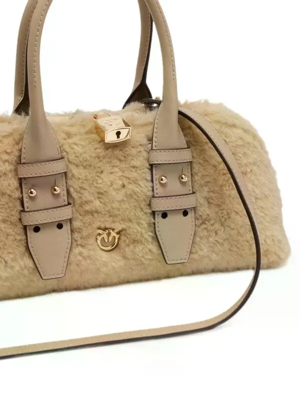 Pinko Faux Shearling Buckle Detail Tote Bag - Neutrals