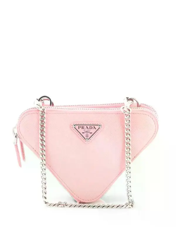 Prada Triangle Double Zip Pouch Bag With Chain Saffiano Leather Mini Crossbody Bag - Pink