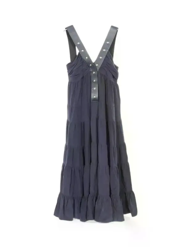 LOUIS VUITTON Navy Silk Tiered Midi Dress With Leather Trim