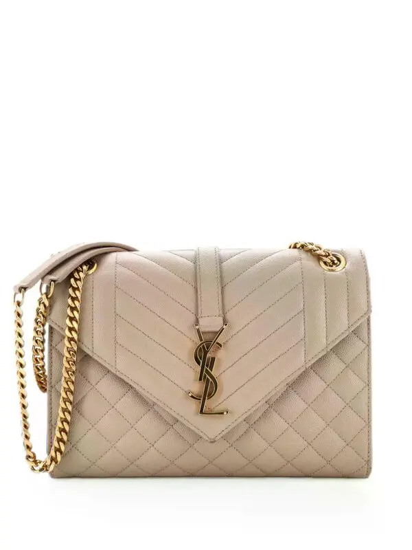 Saint Laurent Classic Monogram Envelope Satchel Mixed Matelasse Leather Medium Shoulder Bag - Neutrals