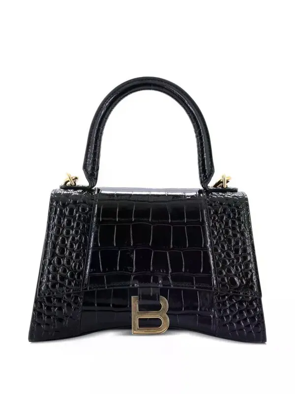 Balenciaga Hourglass Top Handle Bag Crocodile Embossed Leather Xs Satchel - Black