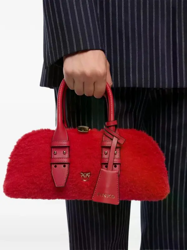 Pinko Faux-shearling Tote Bag With Love Birds Detail - Red