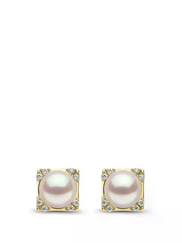 Yoko London Freshwater Pearl And Diamond Square Frame Earrings In 18k Yellow - Gold