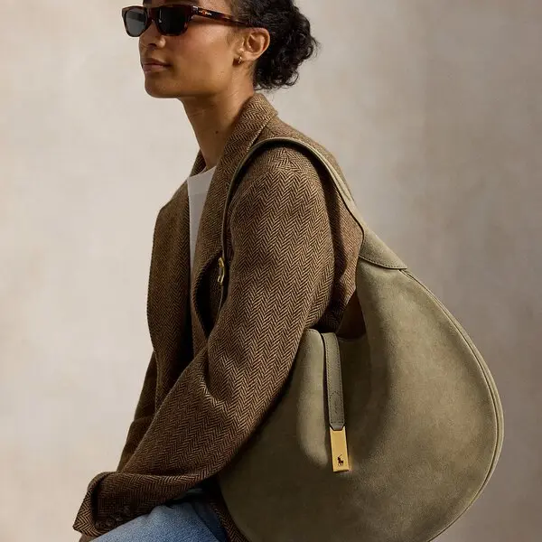 Ralph Lauren Polo Id Suede Large Shoulder Bag - Light Olive