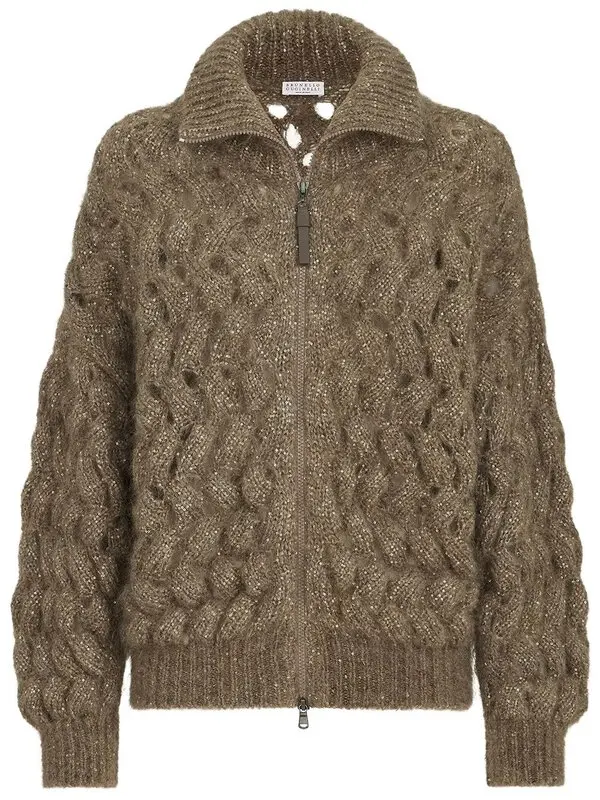 Brunello Cucinelli Cardigan Dazzling Zigzag Cables In Mohair And Wool - Brown