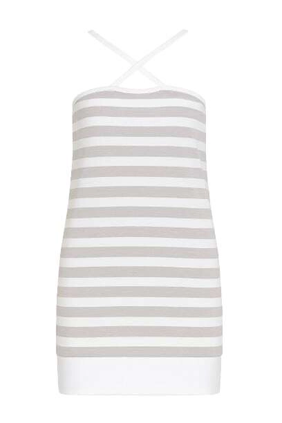 CONQUISTA Strappy Striped Mini Dress In Khaki - Grey