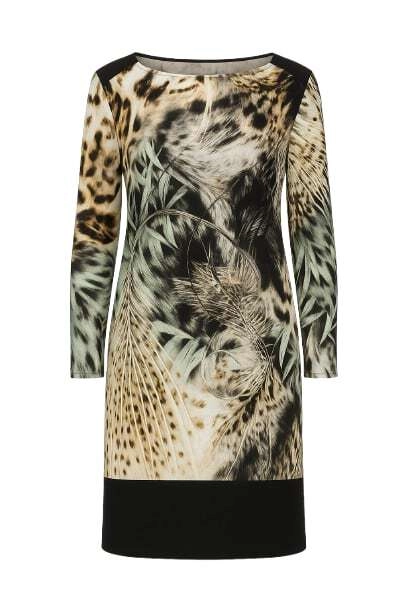 CONQUISTA Print Long Sleeve Jersey Punto Di Roma Sack Dress With Contrast Panel Detail - Black