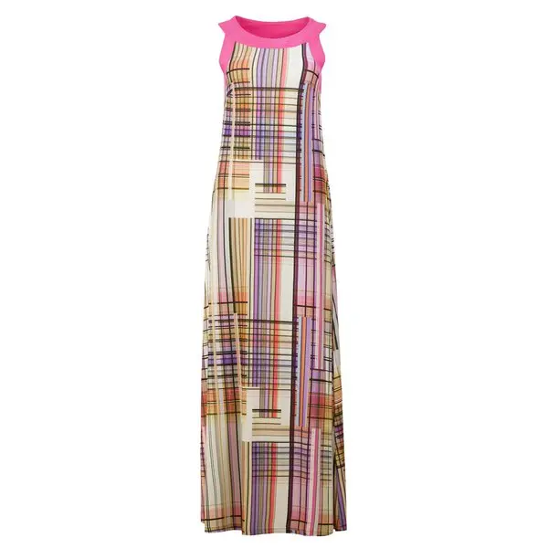 CONQUISTA Modern Tartan Maxi Dress With Pop Color Accents - Pink
