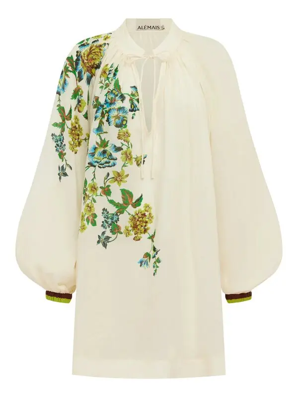 ALEMAIS Deep V Tie Neck Dress With Balloon Raglan Sleeves And Toggle Belt - Bianco