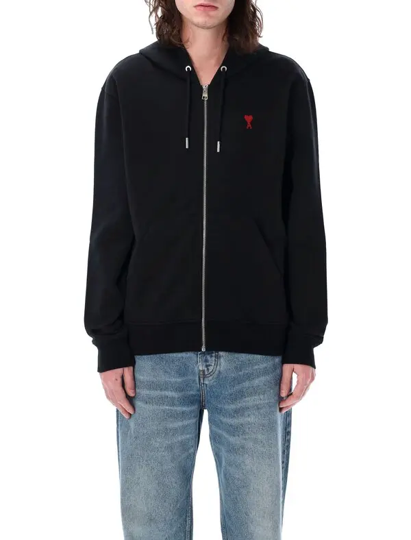 AMI Paris Zip-up Loopback Organic Cotton Hoodie With Logo Embroidery - Nero