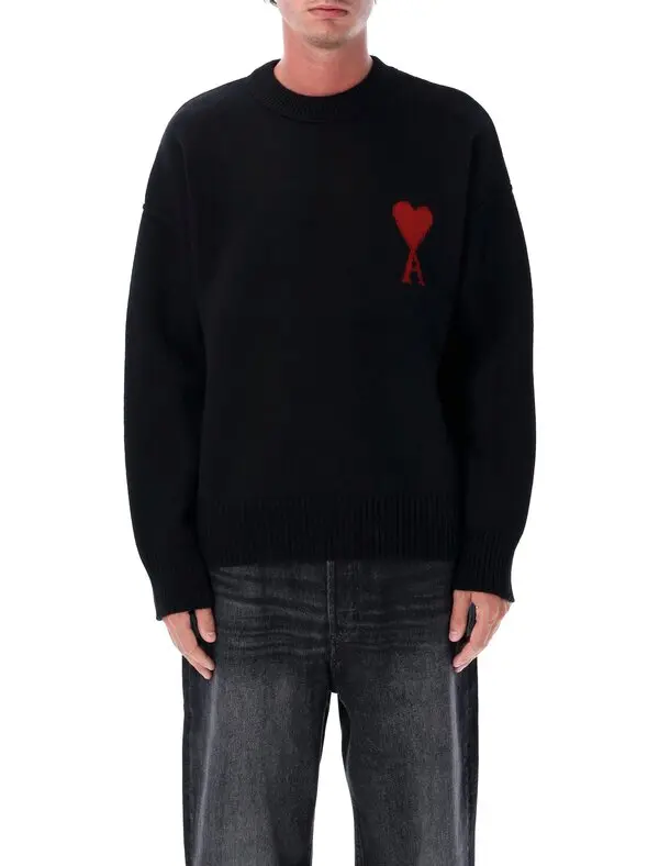AMI Paris Wool Crewneck Sweater With Intarsia Heart - Nero