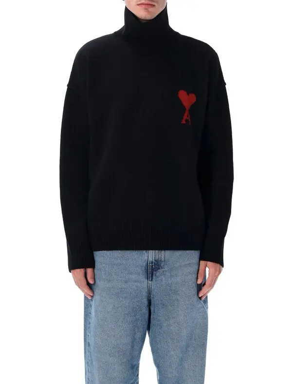 AMI Paris Minimalist Wool Turtleneck With Dropped Shoulders And Intarsia Chest Motif - Nero