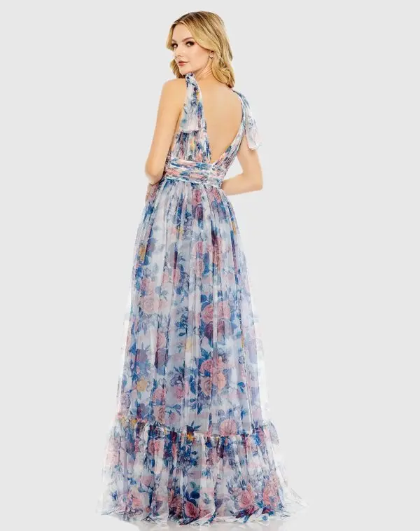 Mac Duggal Floral Print Soft Tie Gown - Blue Multi