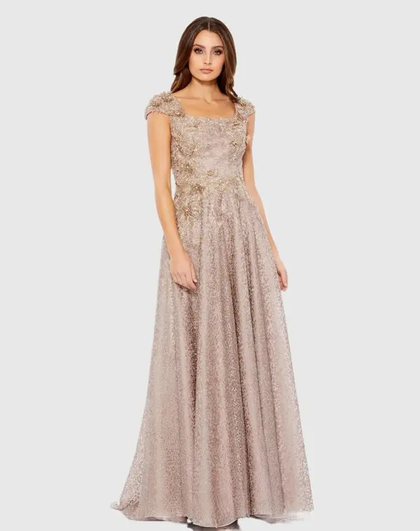 Mac Duggal Beige Embellished Cap Sleeve Square Neck A Line Gown - Mocha