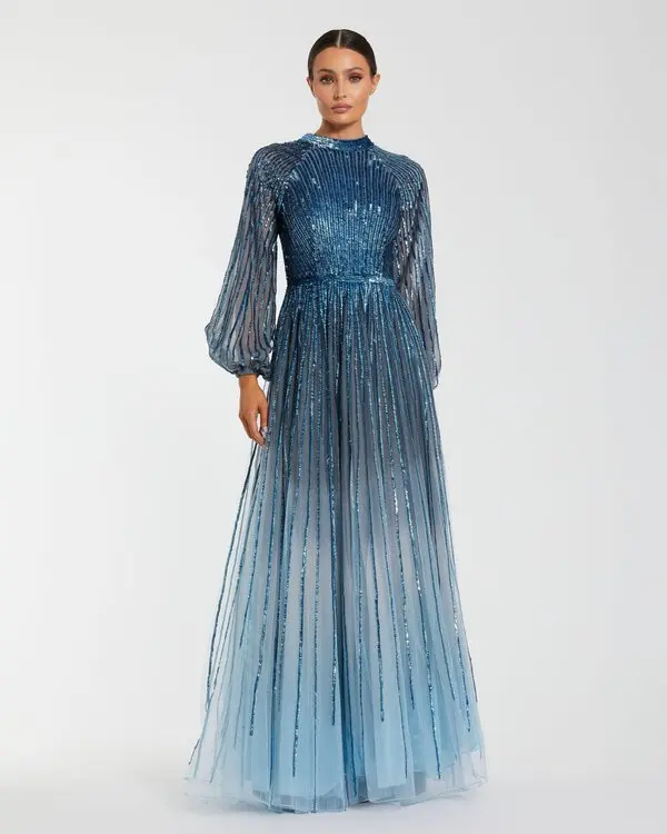 Mac Duggal Petite Ombr Sequin Long Sleeve A-line Evening Dress - Blue