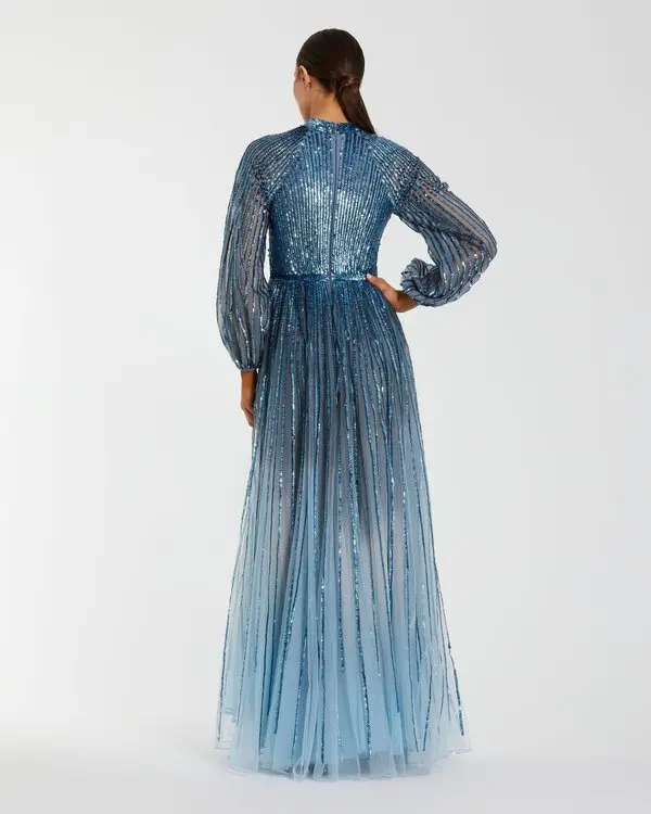 Mac Duggal Petite Ombré Sequin Long Sleeve A-line Evening Gown