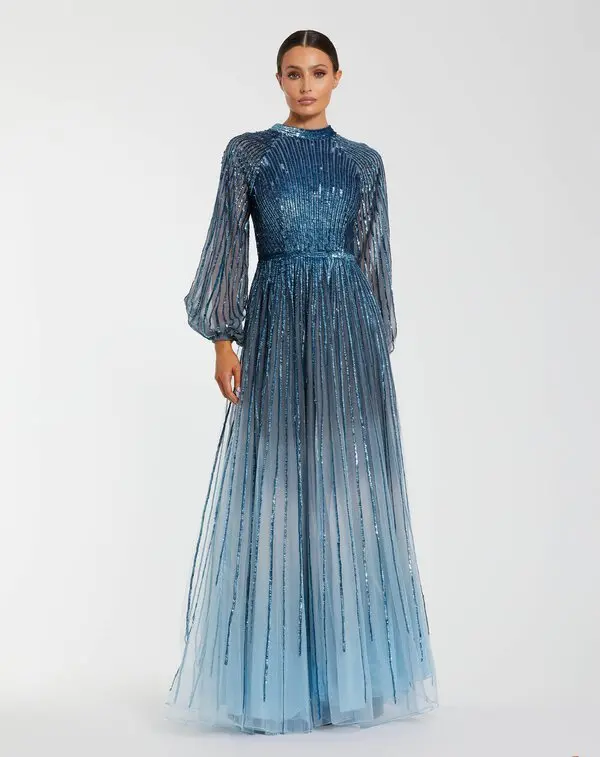 Mac Duggal Petite Ombré Sequin Long Sleeve A-line Evening Gown - Blue