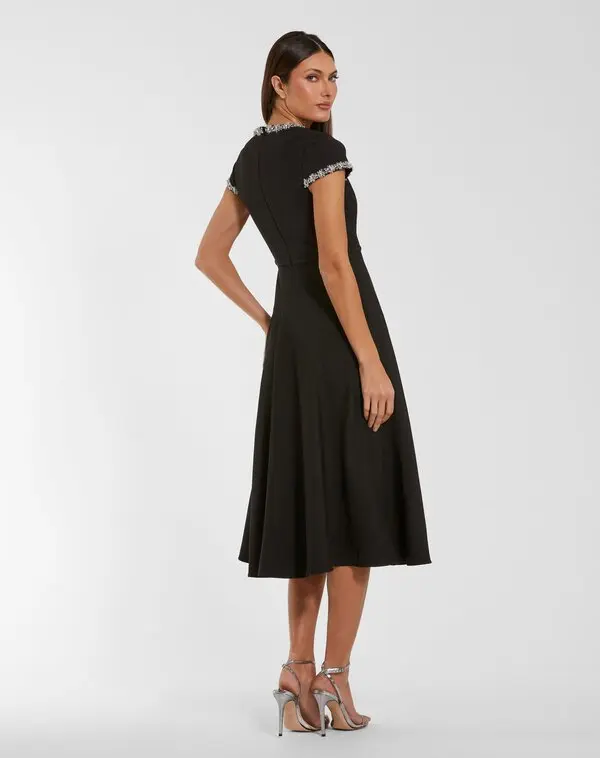 Mac Duggal Embellished Crepe Cap Sleeve Midi Dress