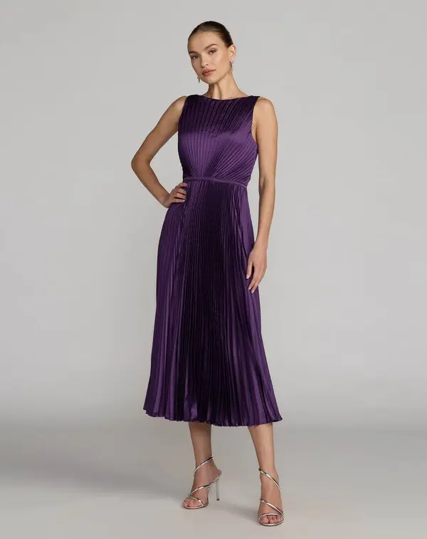 Mac Duggal Sleeveless High Neck Pleated Midi Dress