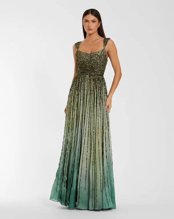 Mac Duggal Petite Sleeveless Sequin A Line Ombre Gown - Green