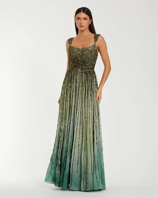Mac Duggal Sleeveless Sequin Ombre A-line Gown - Green