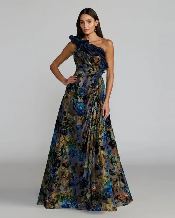 Mac Duggal One Shoulder Burnout Velvet Gown - Black Multi