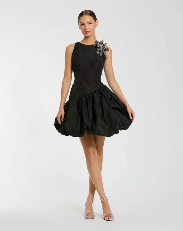 Mac Duggal Bubble Hem Mini Dress With 3d Floral Appliqu - Black