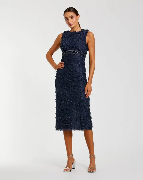 Mac Duggal Floral Applique Sleeveless Midi Dress - Navy