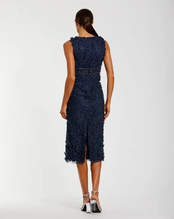 Mac Duggal Sleeveless High Neck Midi Dress With Floral Appliques And Beaded Waist - Navy