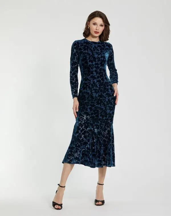 Mac Duggal Dark Burnout Velvet Long Sleeve Midi Dress - Blue