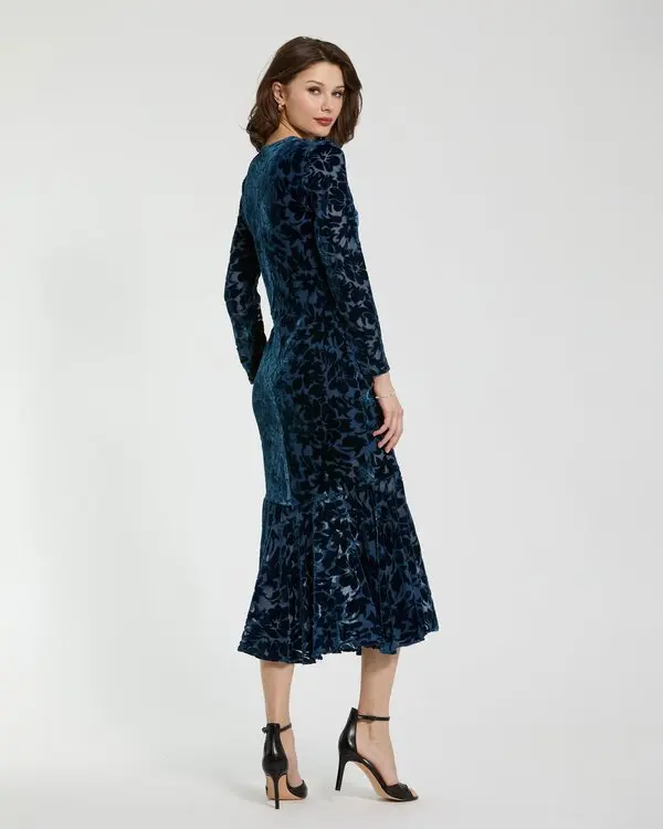 Mac Duggal Burnout Velvet Long Sleeve High Neck Midi Dress