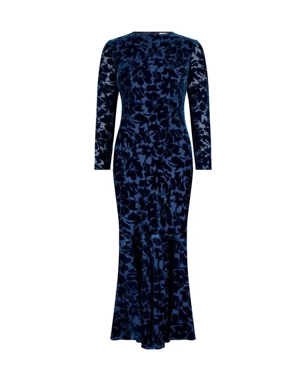 Mac Duggal Burnout Velvet Long Sleeve High Neck Midi Dress