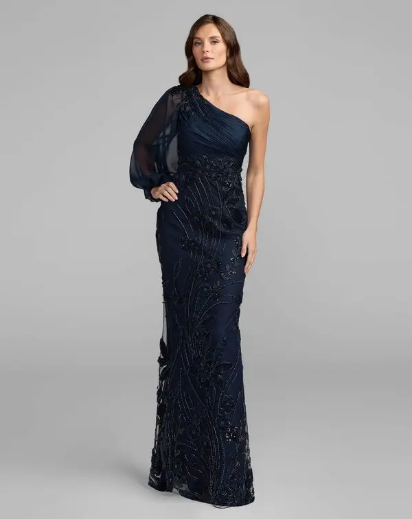 Mac Duggal One Sleeve Chiffon Embellished Gown - Navy