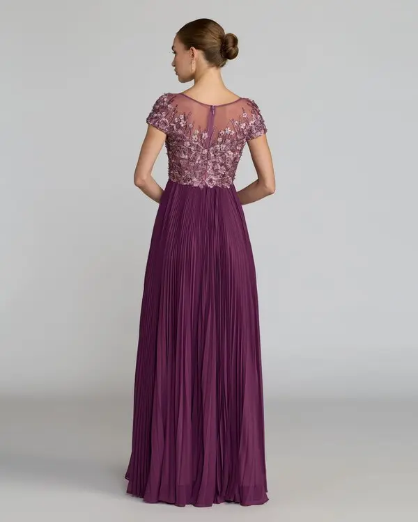 Mac Duggal Petite Embroidered Cap Sleeve Pleated Gown