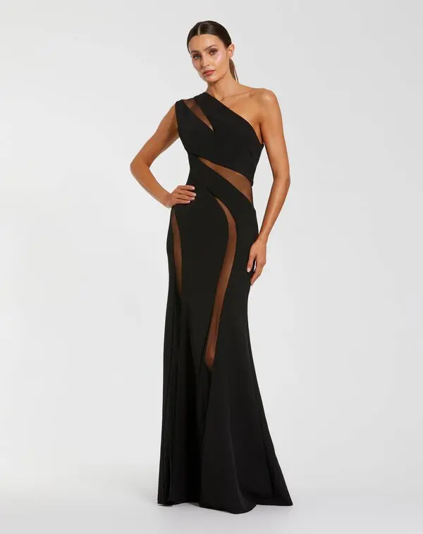 Mac Duggal One Shoulder Crepe Illusion Cutout Gown - Black