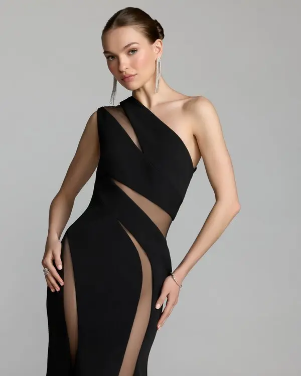 Mac Duggal One-shoulder Crepe Gown With Illusion Cutouts