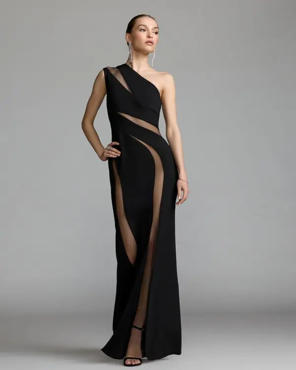 Mac Duggal One-shoulder Crepe Gown With Illusion Cutouts