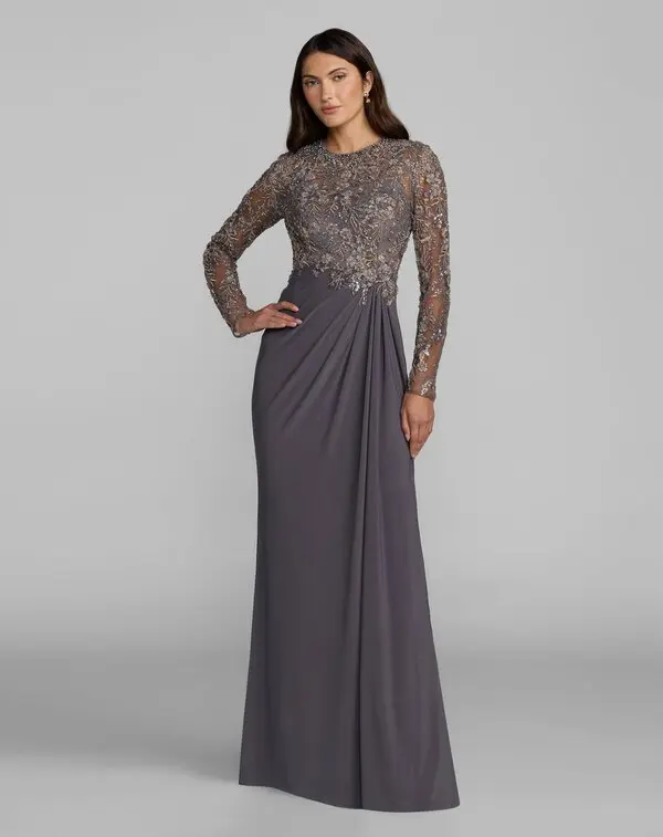 Mac Duggal Gray Embroidered Long Sleeve Jersey Gown - Charcoal