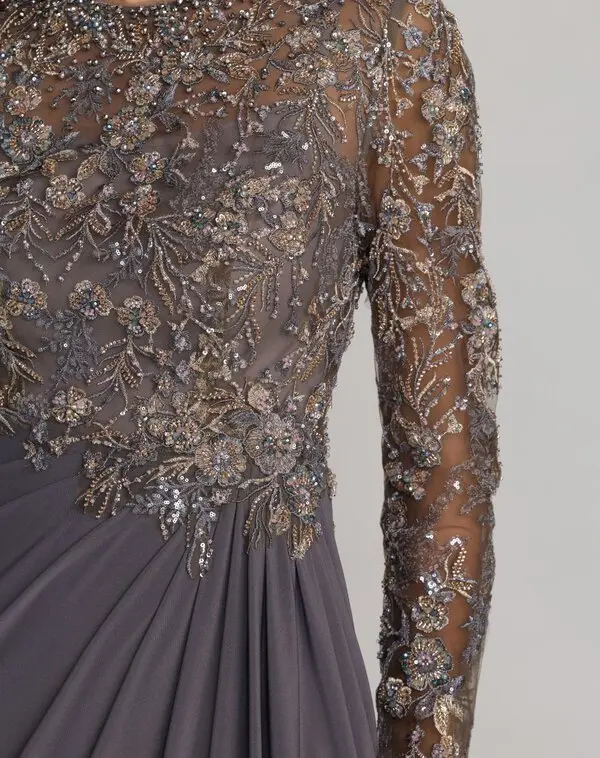 Mac Duggal Gray Embroidered Long Sleeve Jersey Gown